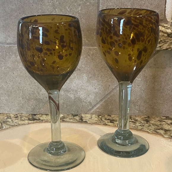 Dining | 2 Vintage Hand Blown Tortoise Shell Amber Speckled Wine Water ...